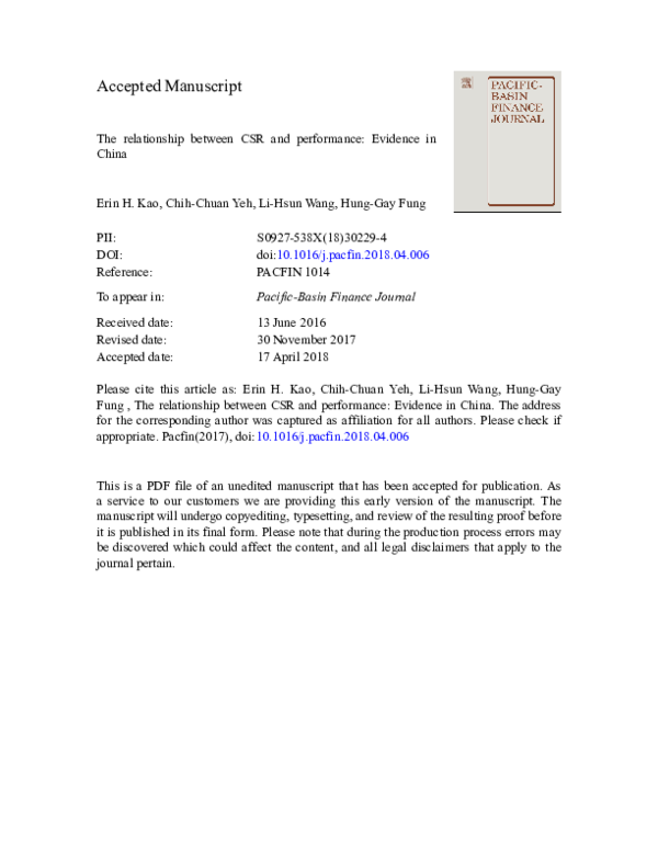 (PDF) The relationship between CSR and performance: Evidence in China (PDF) The relationship between CSR and performance: Evidence in China