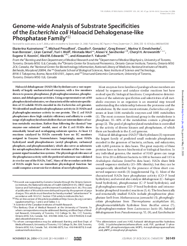 (PDF) Genome-wide Analysis of Substrate Specificities of the Escherichia coli Haloacid ...