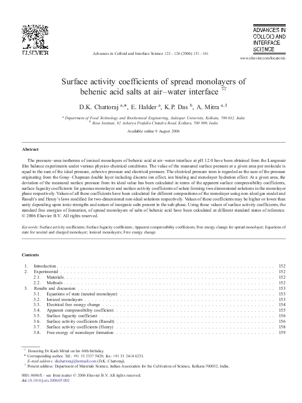 (PDF) Surface activity coefficients of spread monolayers of behenic ...