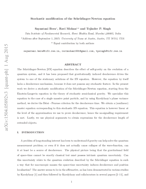 Pdf Stochastic Modification Of The Schrödinger Newton Equation