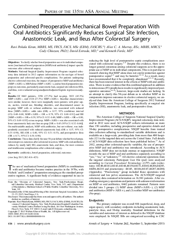 (PDF) Combined Preoperative Mechanical Bowel Preparation With Oral Antibiotics Significantly ...