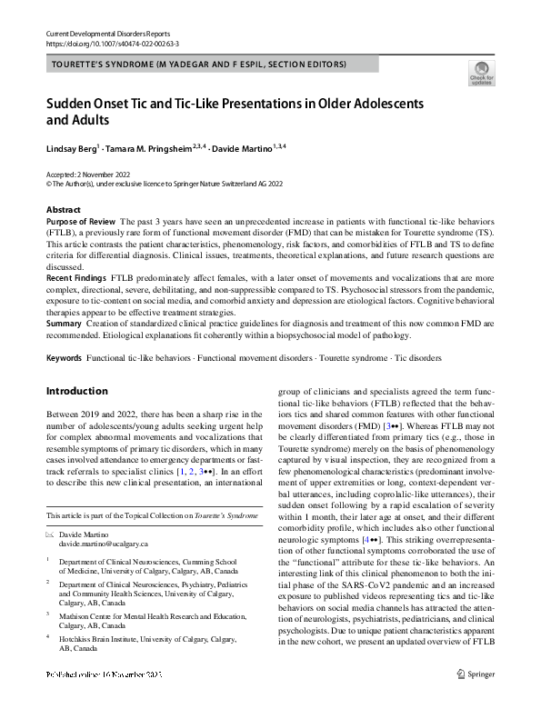 (PDF) Sudden Onset Tic and Tic-Like Presentations in Older Adolescents ...