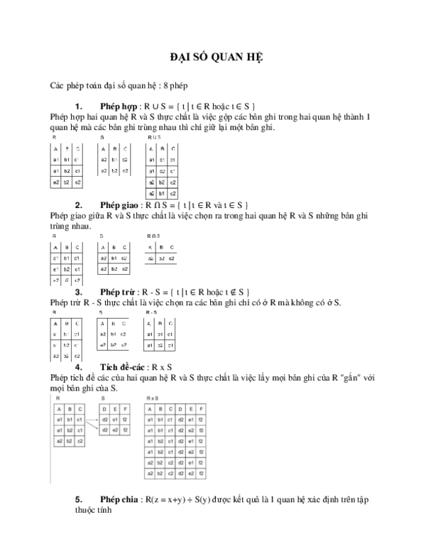 (PDF) ĐẠI SỐ QUAN HỆ Các phép toán đại số quan hệ : 8 phép