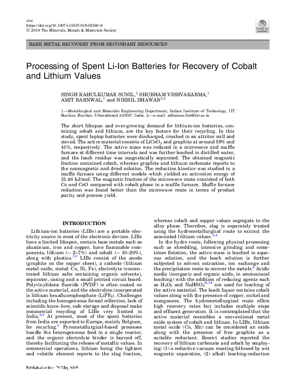 (PDF) Processing of Spent Li-Ion Batteries for Recovery of Cobalt and ...