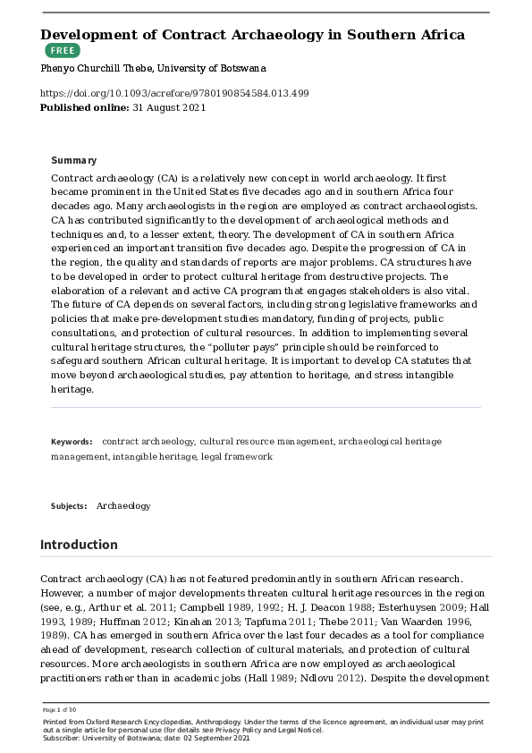 (PDF) Development of Contract Archaeology in Southern Africa