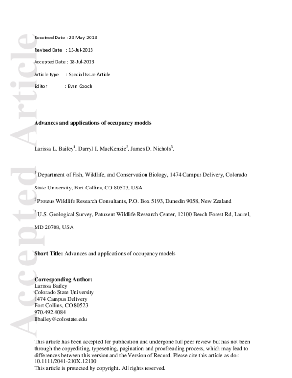 (PDF) Advances and applications of occupancy models