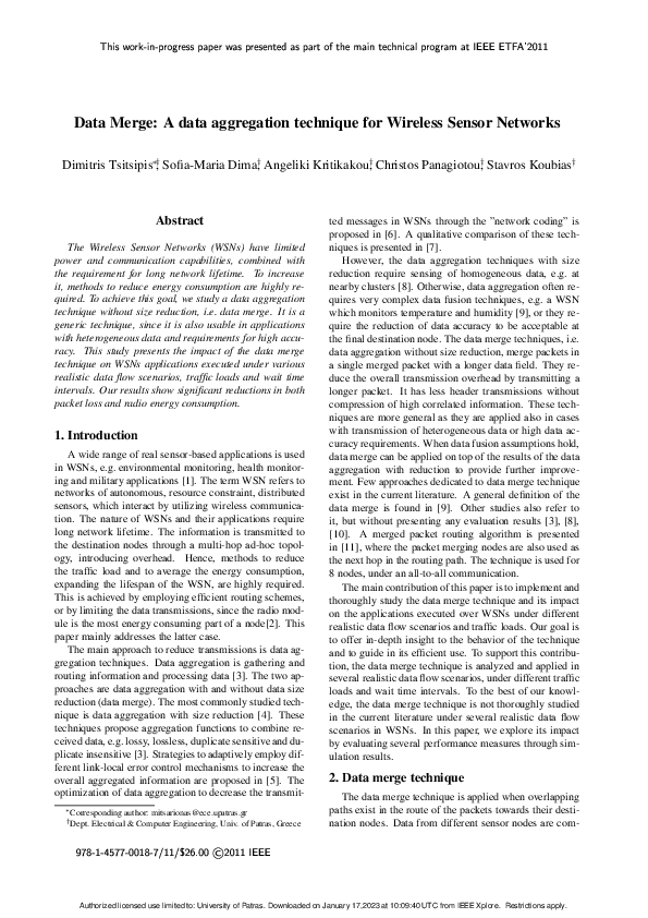 (PDF) Data Merge: A data aggregation technique for Wireless Sensor Networks