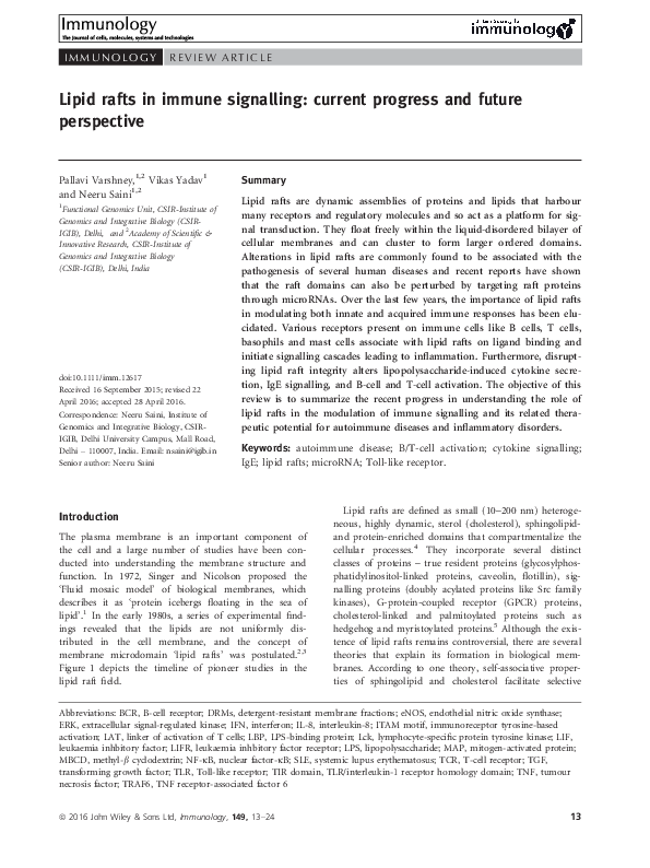 (PDF) Lipid rafts in immune signalling: current progress and future ...