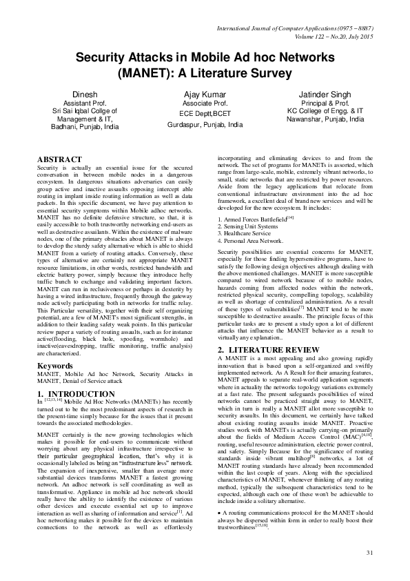 (PDF) Security Attacks in Mobile Adhoc Networks (MANET): A Literature Survey