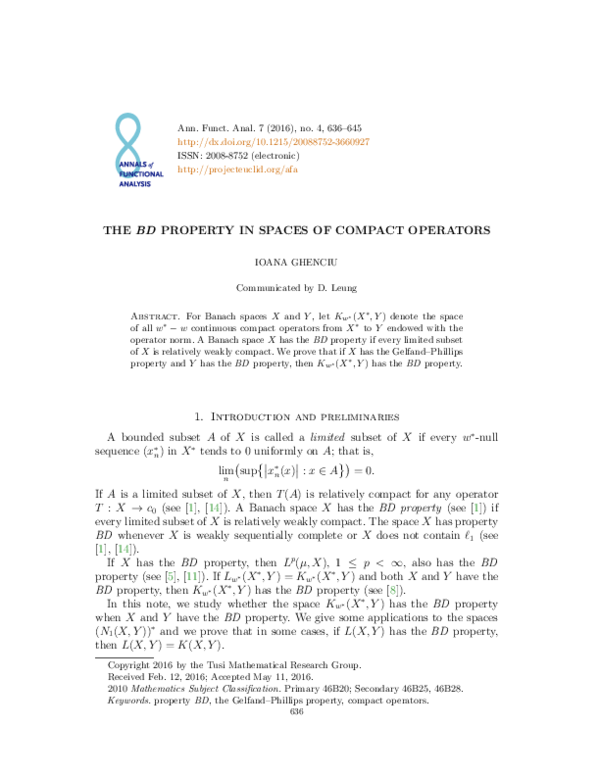 (PDF) The BD property in spaces of compact operators | Ioana Ghenciu - Academia.edu