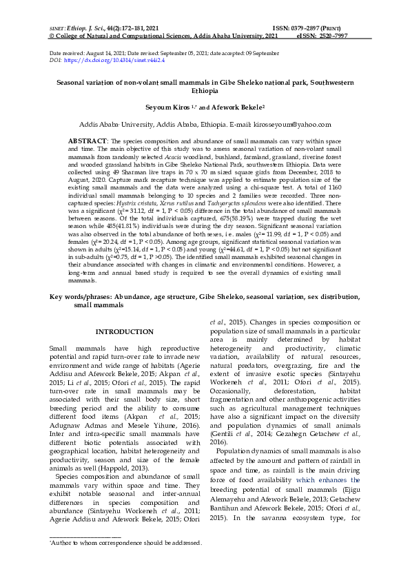 (PDF) Seasonal variation of non-volant small mammals in Gibe Sheleko ...