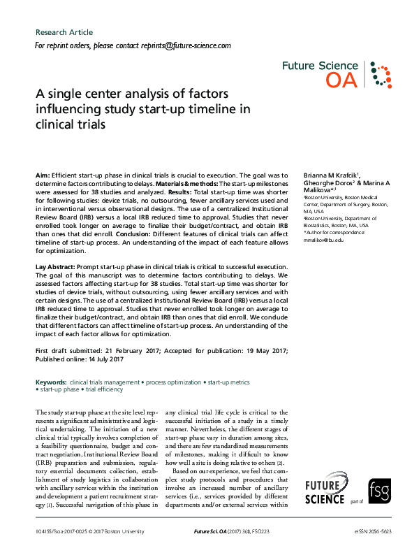 (PDF) A single center analysis of factors influencing study start-up timeline in clinical trials ...