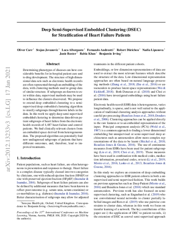 (PDF) Deep Semi-Supervised Embedded Clustering (DSEC) for Stratification of Heart Failure Patients
