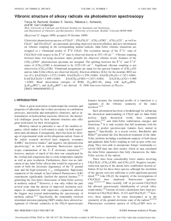 (PDF) Vibronic structure of alkoxy radicals via photoelectron spectroscopy