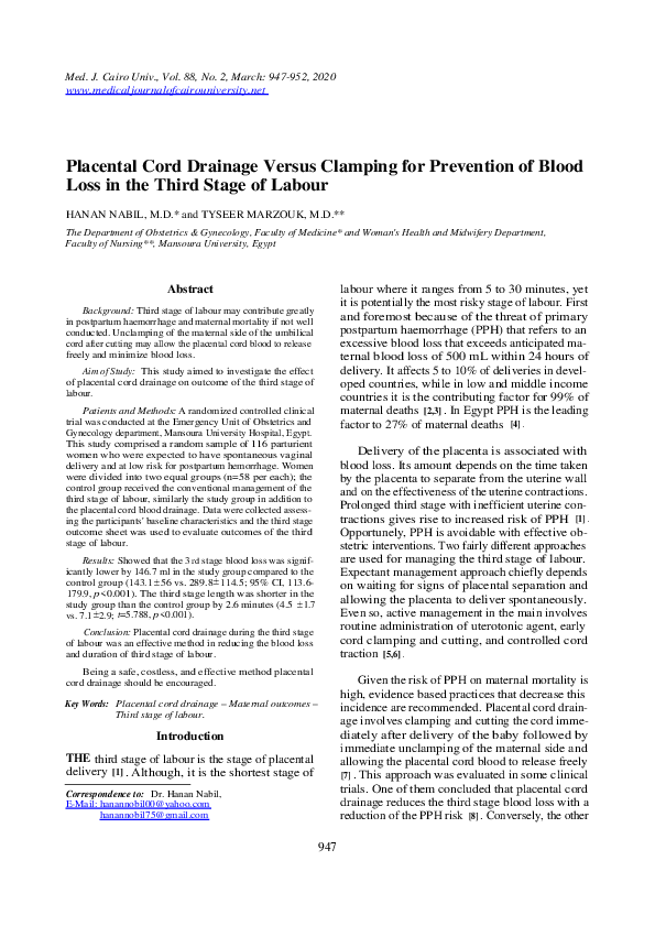 (PDF) Placental Cord Drainage Versus Clamping for Prevention of Blood ...