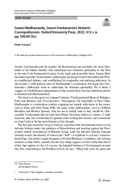 (PDF) Peter Forrest's Review of Swami Vivekananda's Vedāntic ...