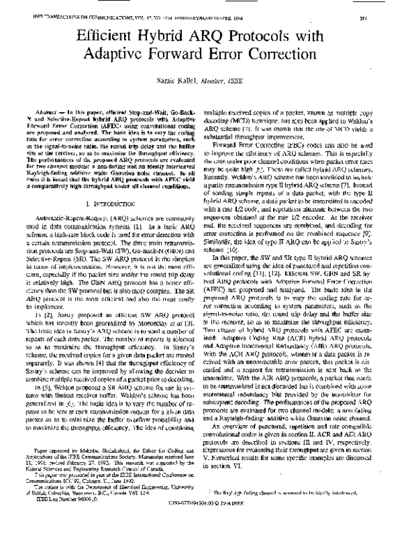 (PDF) Efficient hybrid ARQ protocols with adaptive forward error correction