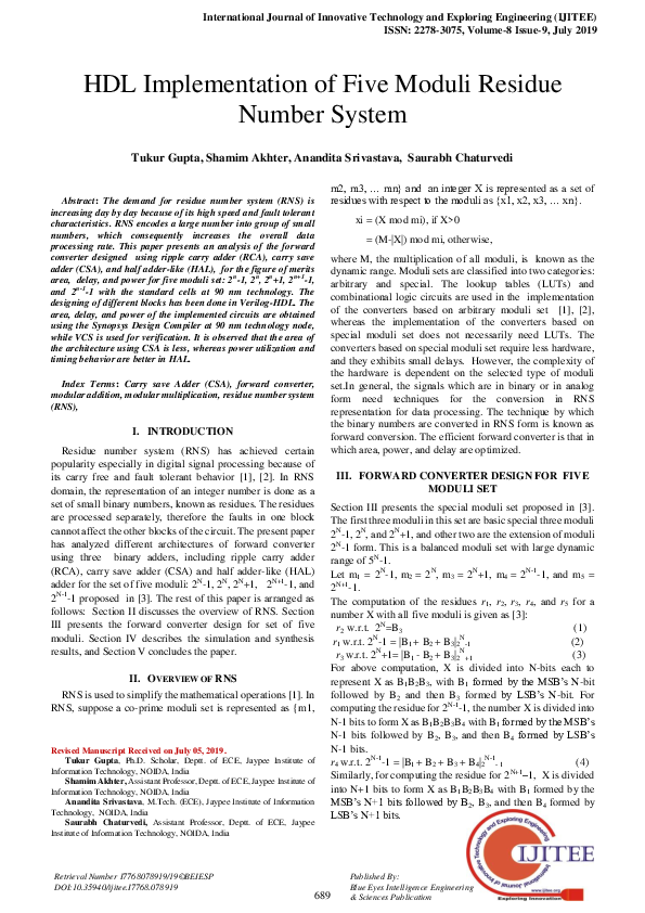 (PDF) HDL Implementation of Five Moduli Residue Number System | TUKUR GUPTA - Academia.edu