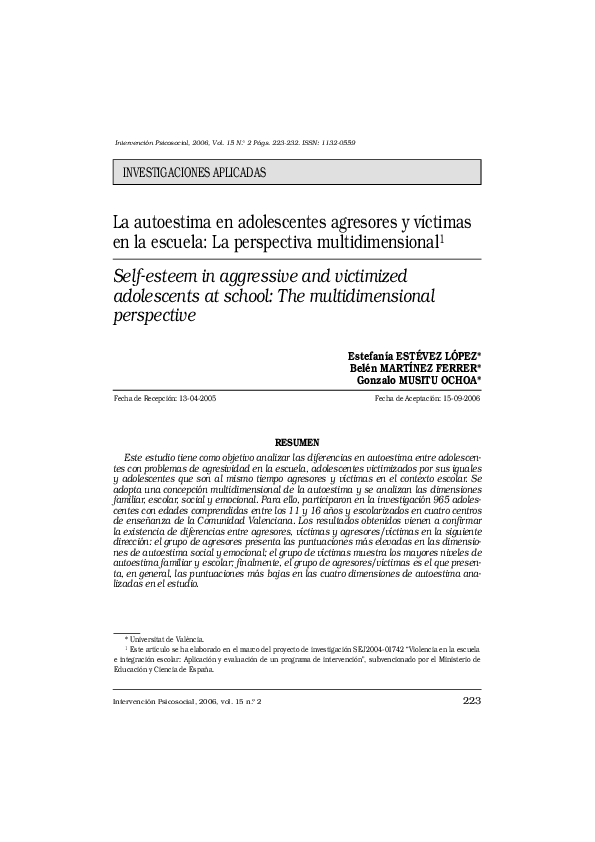 (PDF) La autoestima en adolescentes agresores y víctimas en la escuela ...