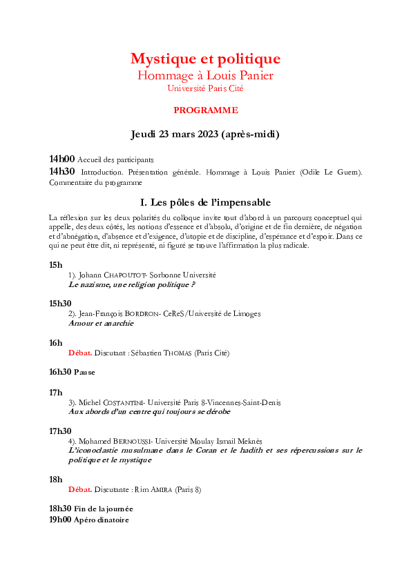 (PDF) Programme colloque Mystique et politique Université Paris cité