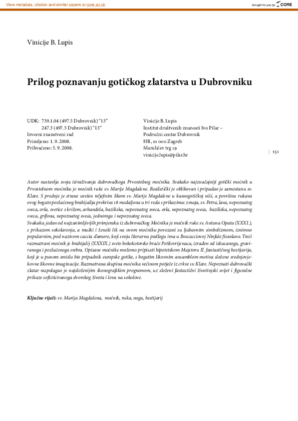 (PDF) A Contribution to Knowledge of gothic Goldsmithing in Dubrovnik