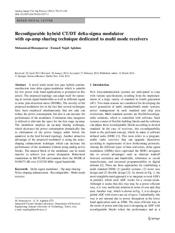 (PDF) Reconfigurable hybrid CT/DT delta-sigma modulator with op-amp sharing technique dedicated ...