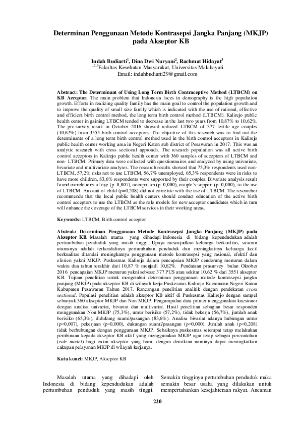 (PDF) Determinan Penggunaan Metode Kontrasepsi Jangka Panjang (MKJP) pada Akseptor KB
