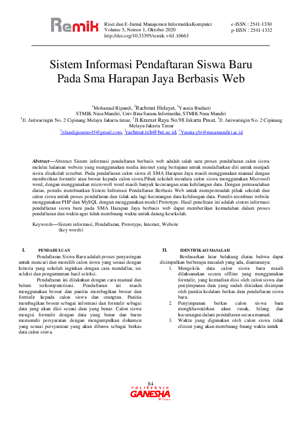 (PDF) Sistem Informasi Pendaftaran Siswa Baru pada SMA Harapan Jaya Berbasis Web