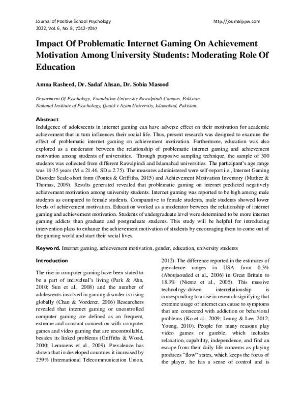 (PDF) Impact Of Problematic Internet Gaming On Achievement Motivation Among University Students ...