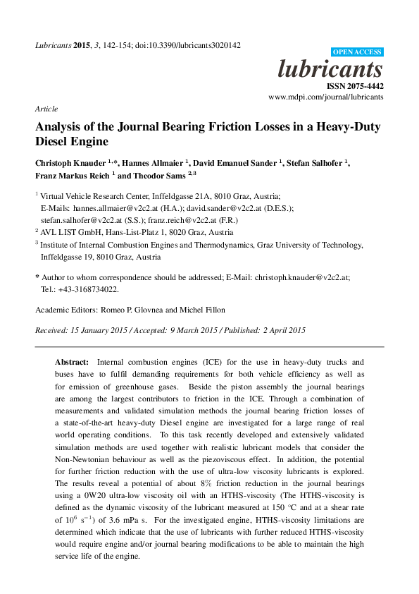 (PDF) Article Analysis of the Journal Bearing Friction Losses in a ...