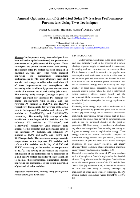 Pdf Annual Optimization Of Grid Tied Solar Pv System Performance Parameters Using Two Techniques