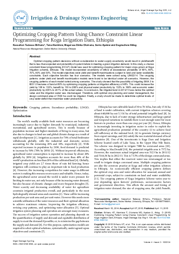 (PDF) Optimizing Cropping Pattern Using Chance Constraint Linear Programming for Koga Irrigation ...