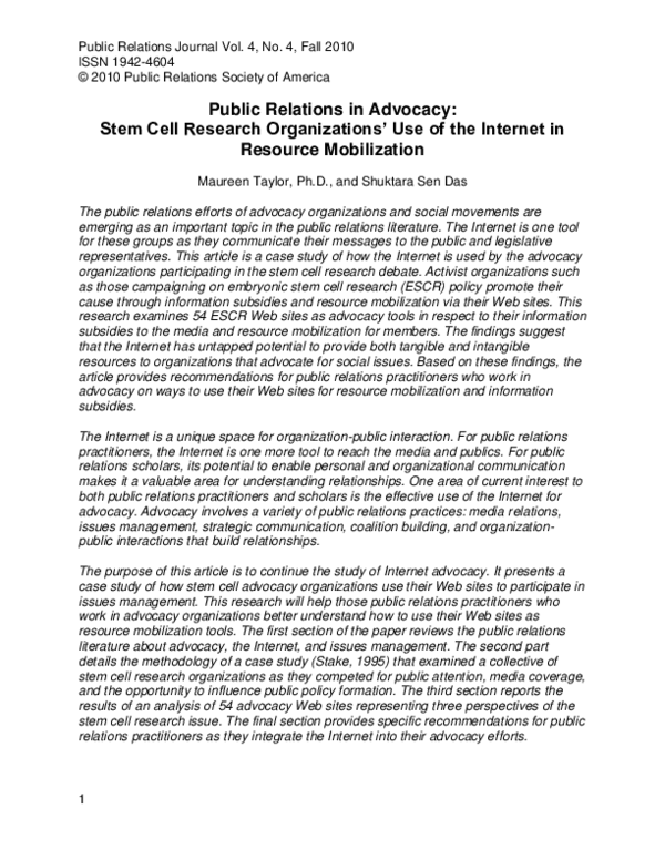 (PDF) Public Relations in Advocacy: Stem Cell Research Organizations ...