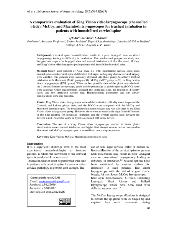 (PDF) A comparative evaluation of King Vision video laryngoscope ...