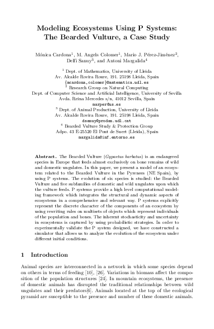 (PDF) Modeling Ecosystems Using P Systems: The Bearded Vulture, a Case Study | M. Colomer-Cugat ...