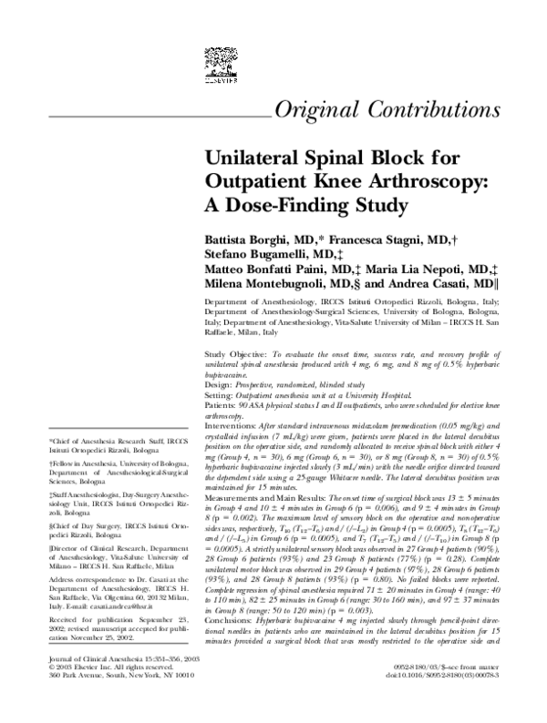 (PDF) Unilateral spinal block for outpatient knee arthroscopy: a dose ...