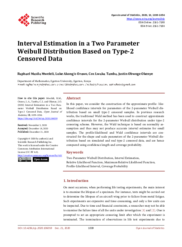(PDF) Interval Estimation in a Two Parameter Weibull Distribution Based on Type-2 Censored Data