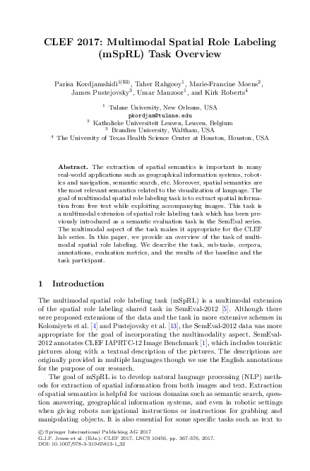 (PDF) CLEF 2017: Multimodal Spatial Role Labeling (mSpRL) Task Overview | Parisa Kordjamshidi ...