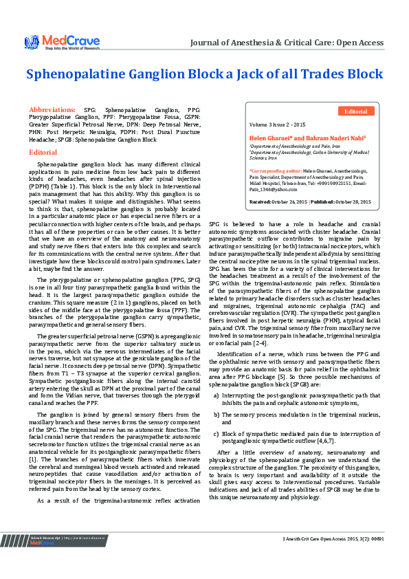 (PDF) Sphenopalatine Ganglion Block a Jack of all Trades Block | Bahram ...