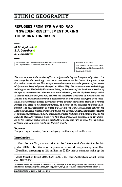 (PDF) Refugees from Syria and Iraq in Sweden: resettlement during the ...