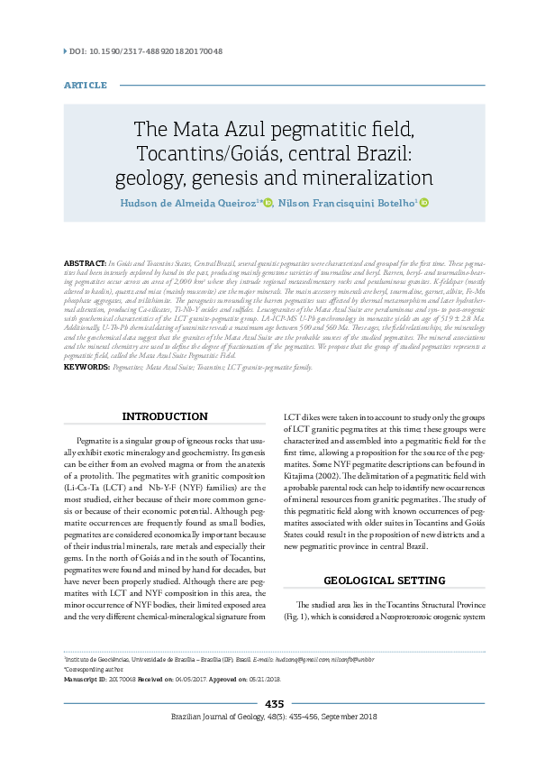 (PDF) The Mata Azul pegmatitic field, Tocantins/Goiás, central Brazil ...