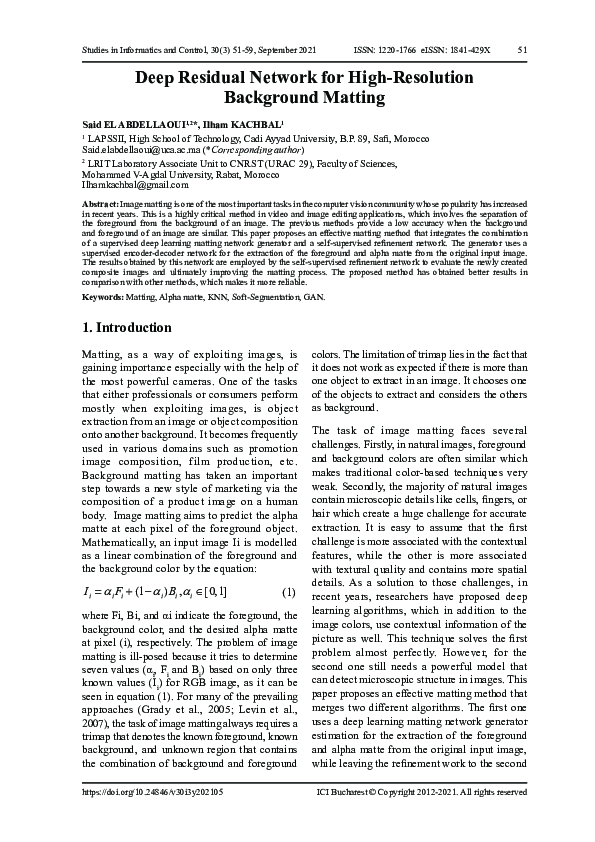 (PDF) Deep Residual Network for High-Resolution Background Matting | Ilham Kachbal - Academia.edu