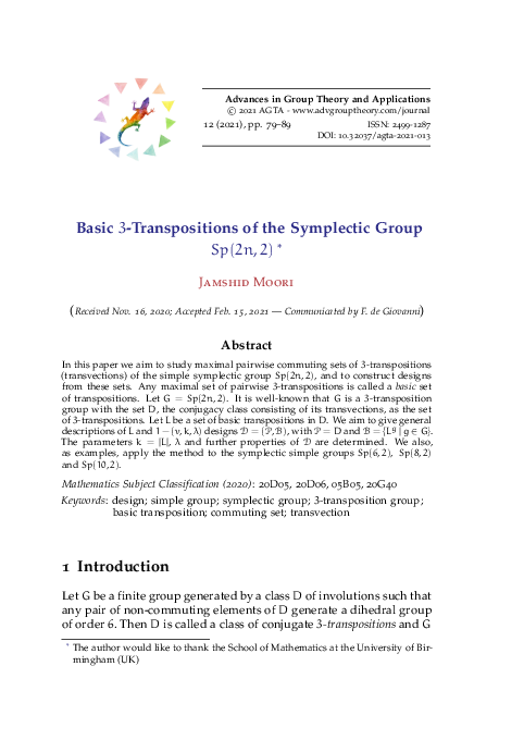 (PDF) Basic 3-transpositions of the symplectic group Sp(2n, 2)
