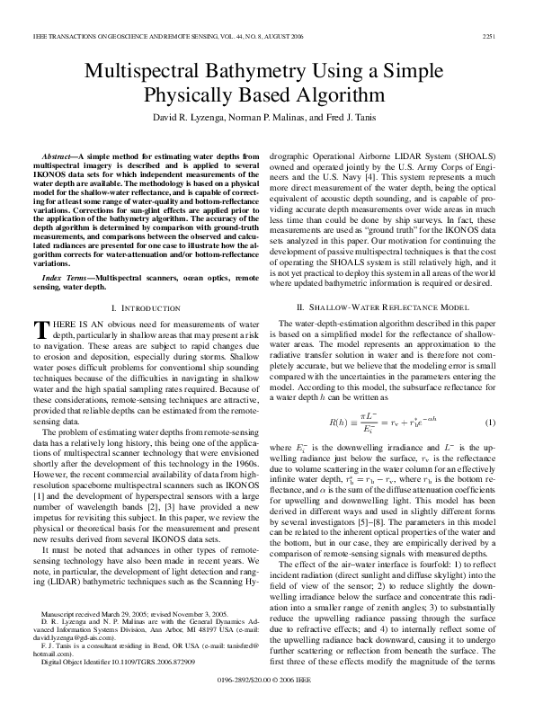 Pdf Multispectral Bathymetry Using A Simple Physically Based Algorithm