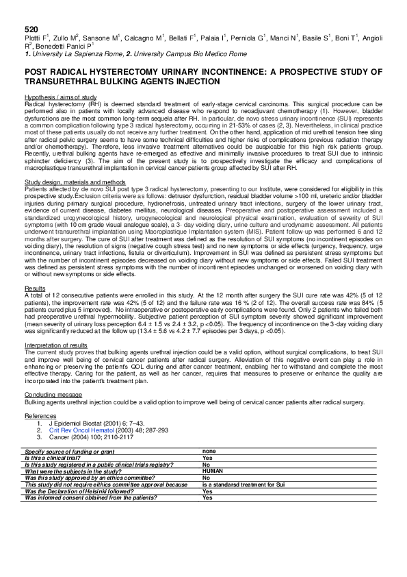 (PDF) Post radical hysterectomy urinary incontinence: A prospective ...