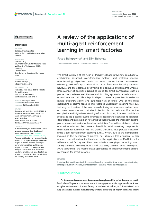 Pdf A Review Of The Applications Of Multi Agent Reinforcement