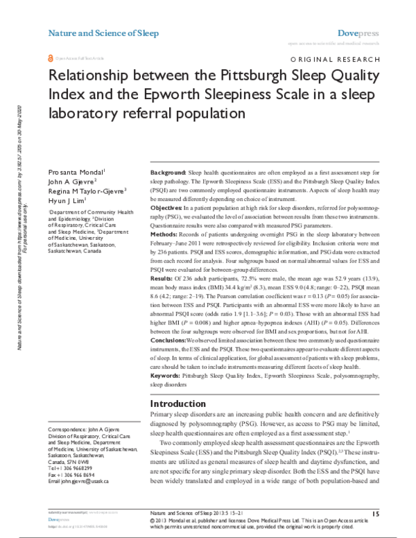 (PDF) Relationship between the Pittsburgh Sleep Quality Index and the ...