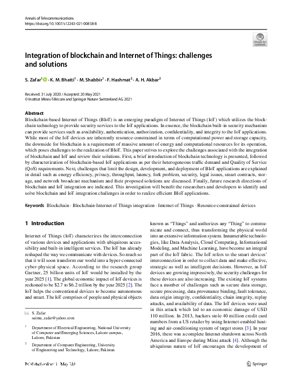 (PDF) Integration of blockchain and Internet of Things: challenges and solutions