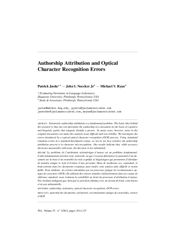 (PDF) Authorship Attribution and Optical Character Recognition Errors