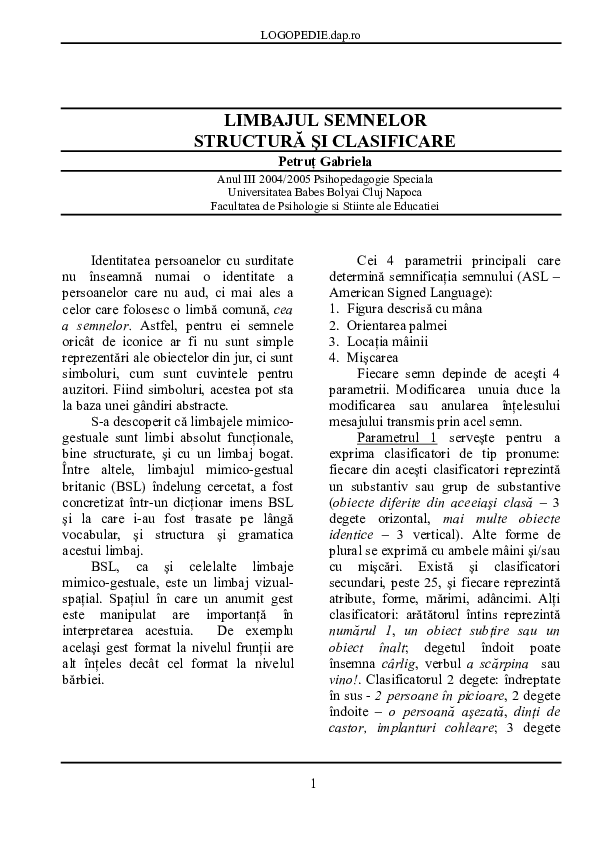 (PDF) LIMBAJUL SEMNELOR STRUCTURĂ ŞI CLASIFICARE